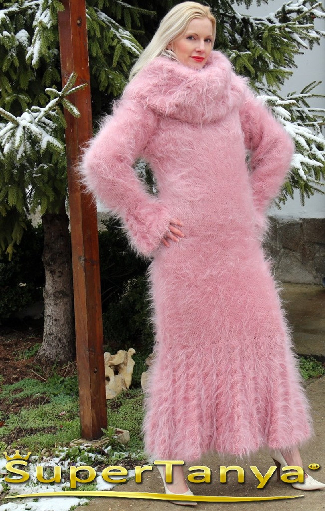 Fuzzy Pink Cowlneck Mohair Dress Long Fuzzy Dress Hand Knitted Gown by ...