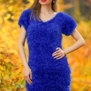 Short Fuzzy Dress Fluffy Blue Tunic V Neck Hand Knitted Dress Ready to ...