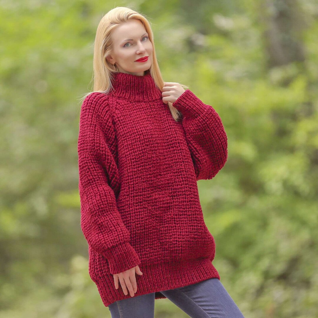 Supertanya Red Wool Sweater Handmade Ribbed Pullover - READY to SHIP ...