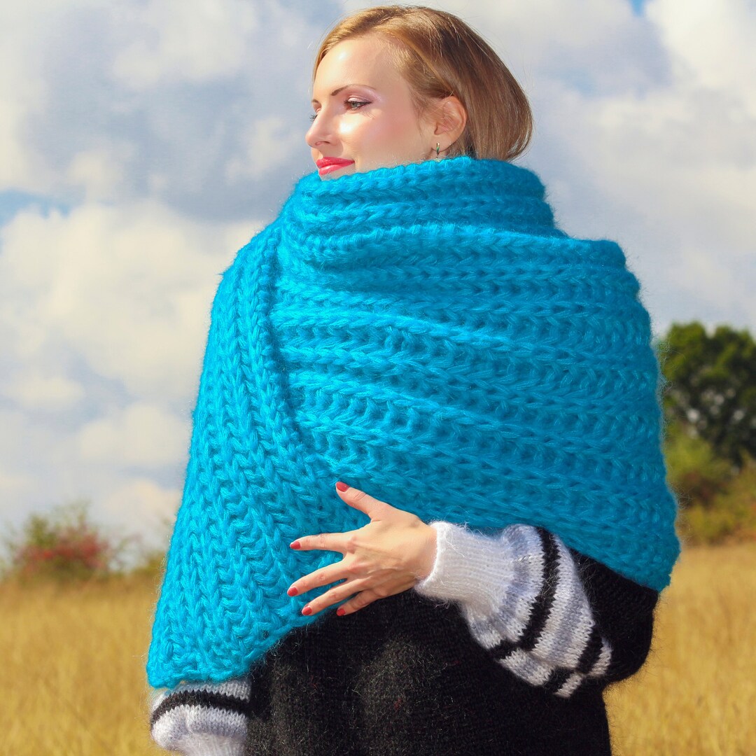 Extra Long Blue Fuzzy Mohair Scarf Handmade Fuzzy Shawl READY TO SHIP ...
