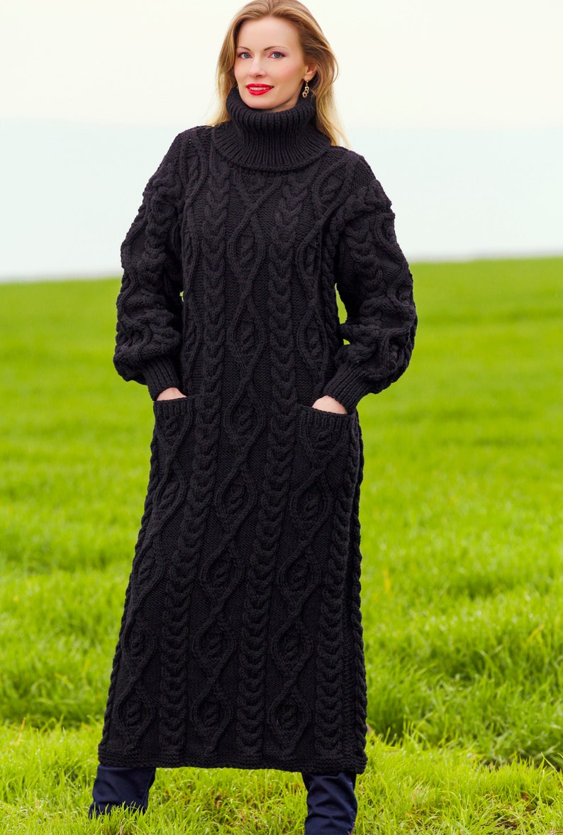 Luxurious Cable Knit Wool Dress Hand Knitted Long Turtleneck Sweater ...