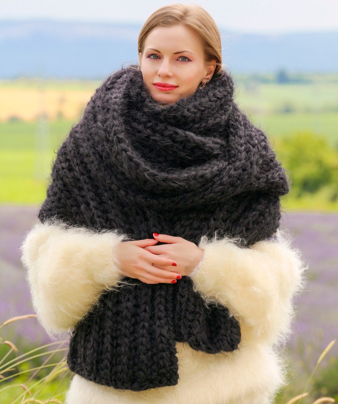 Black Extra Long Fuzzy Mohair Scarf Handmade Fuzzy Shawl READY TO SHIP ...
