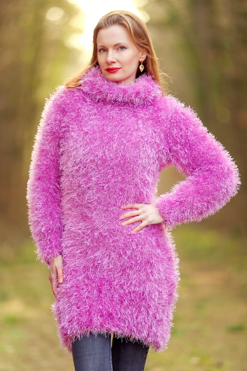 Elegant Fluffy Dress Fuzzy Blouson Hand Knitted Soft Thick Tunic Dress ...