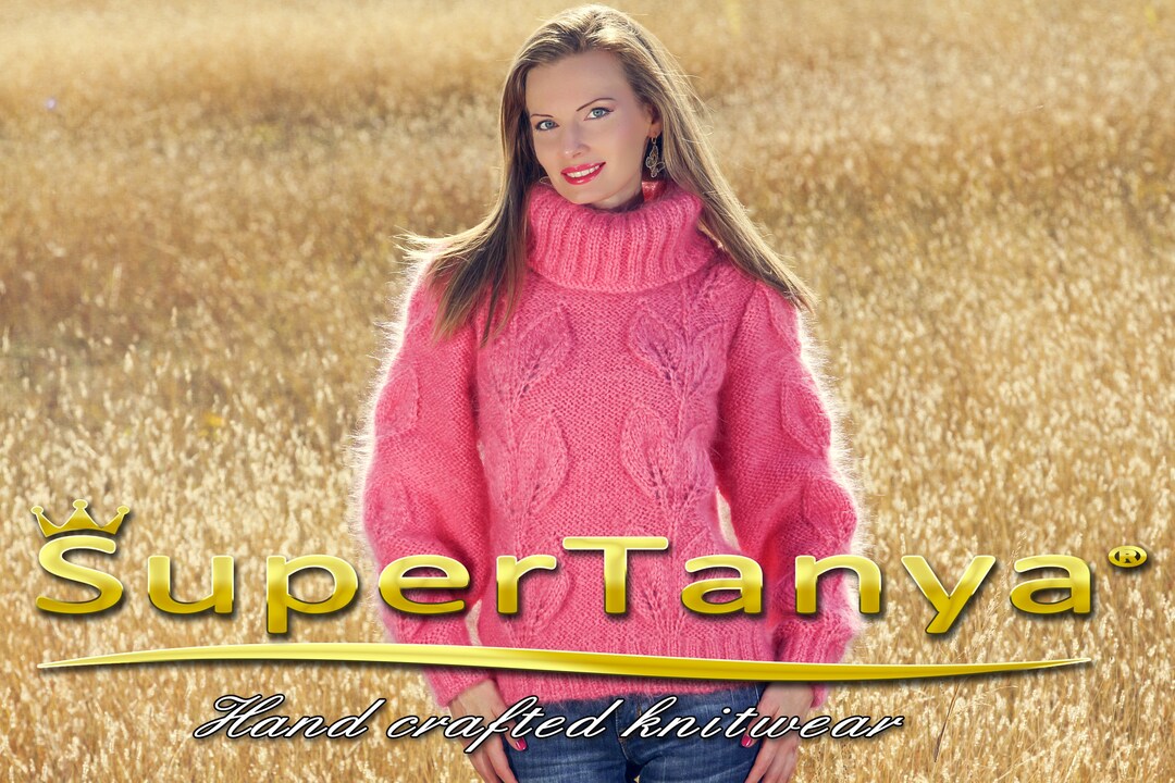 Designer Pink Mohair Sweater With Leaves Knitted Pattern Luxury ...