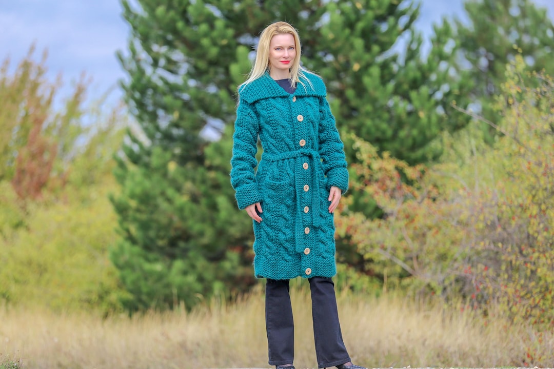 Long Green Wool Cardigan, Handmade Cable Knit Chunky Thick Coatigan ...