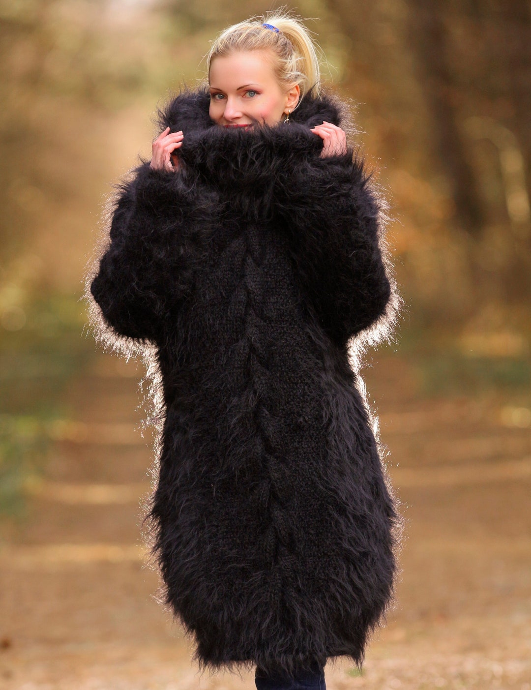 Supertanya Black Mohair Dress Long Fuzzy Sweater Tunic Hand Knitted ...