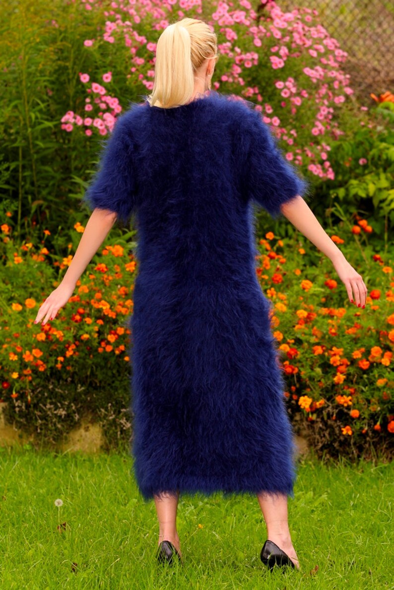 Blue Fuzzy Mohair Dress Hand Knitted Short Sleeve Fluffy Dress | Etsy