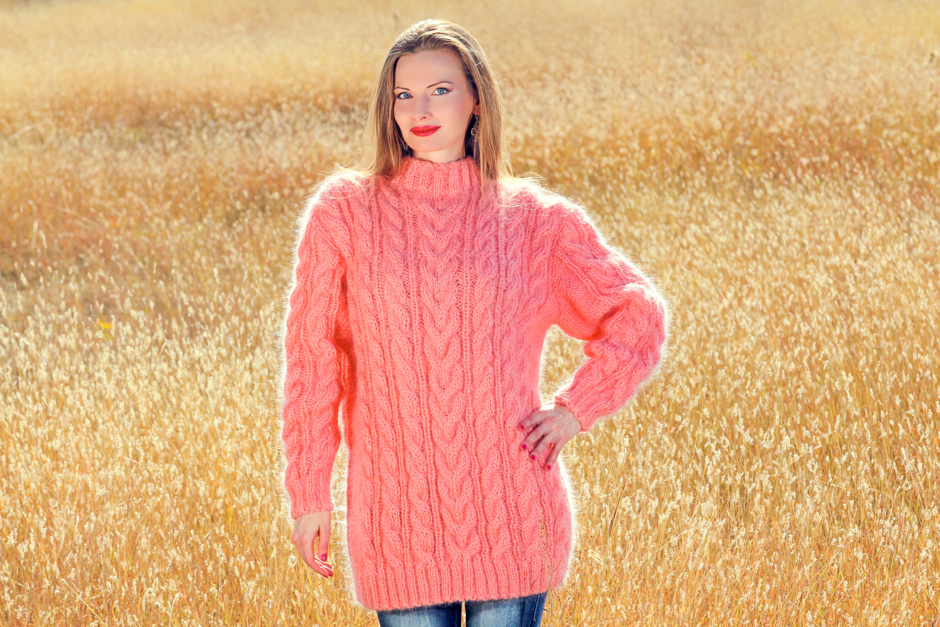 Thick Cable Knit Mohair Sweater Hand Knitted Designer Warm Winter ...