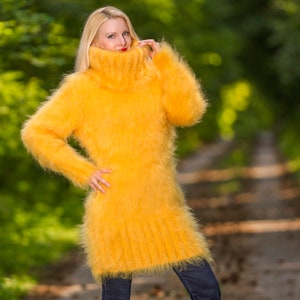Yellow Mohair Dress Sweater Hand Knitted Fluffy Ready to Ship Tunic ...