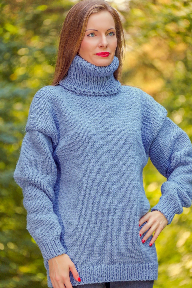 Supertanya Blue Wool Sweater Handmade Jumper Hand Knitted Pullover ...