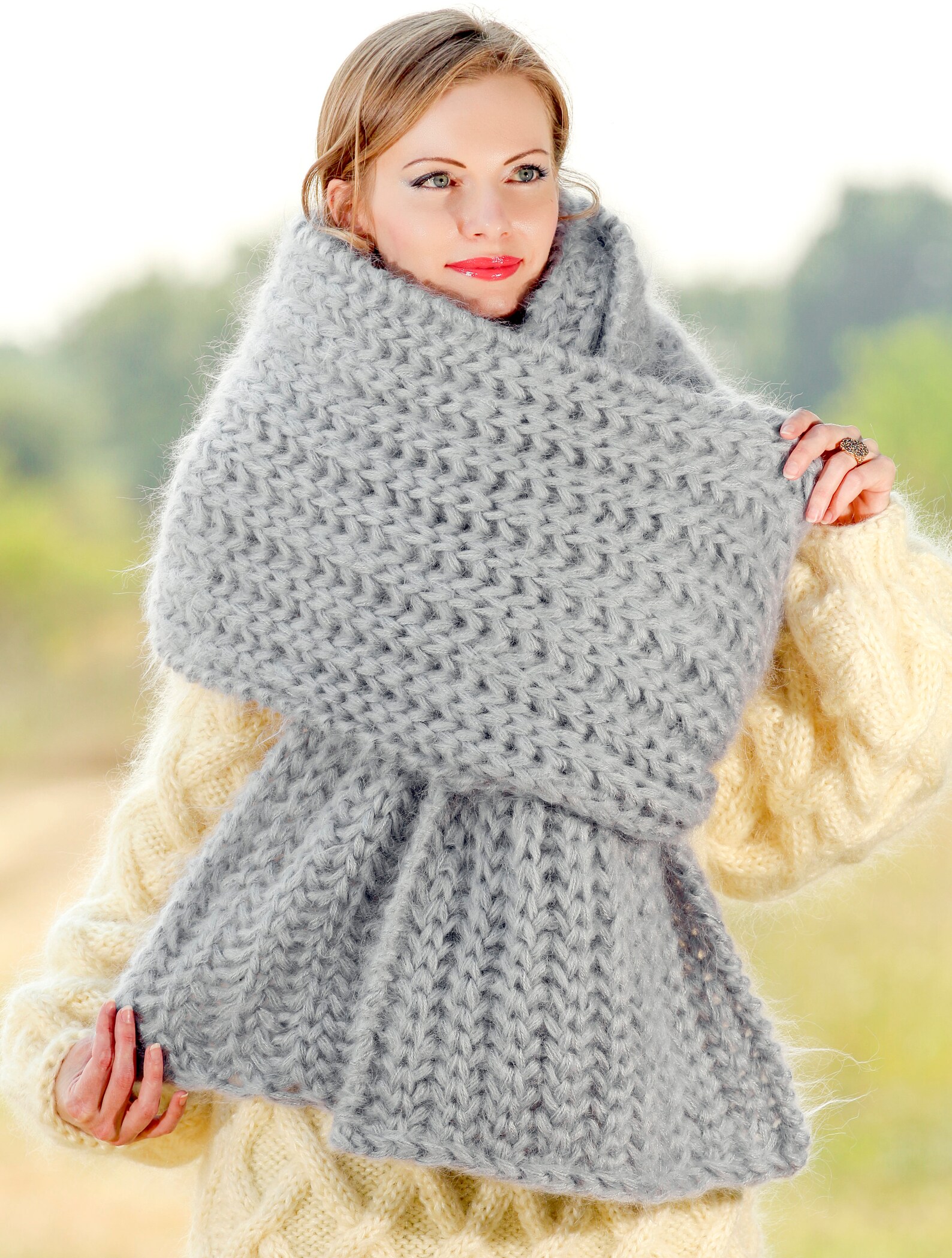Extra Long Gray Scarf Fuzzy Mohair Shawl Handmade Fuzzy Wrap ...