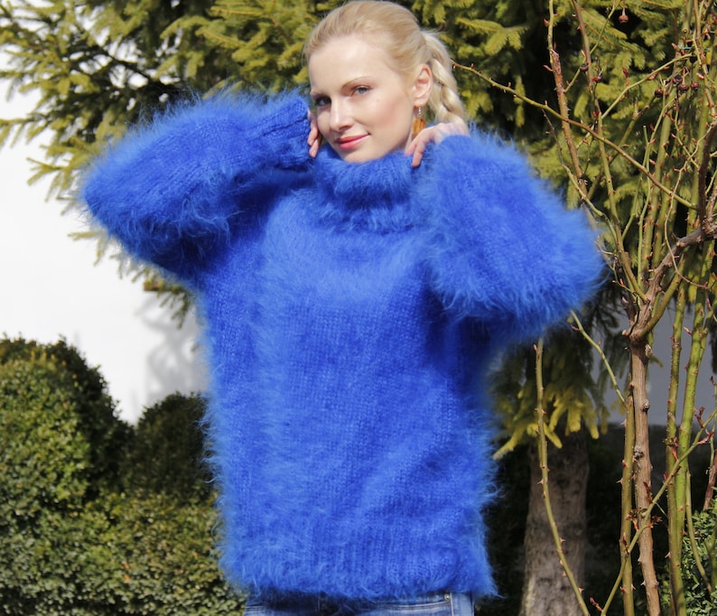 Turtleneck Soft Fuzzy Mohair Sweater Hand Knitted Thick Fluffy Pullover ...