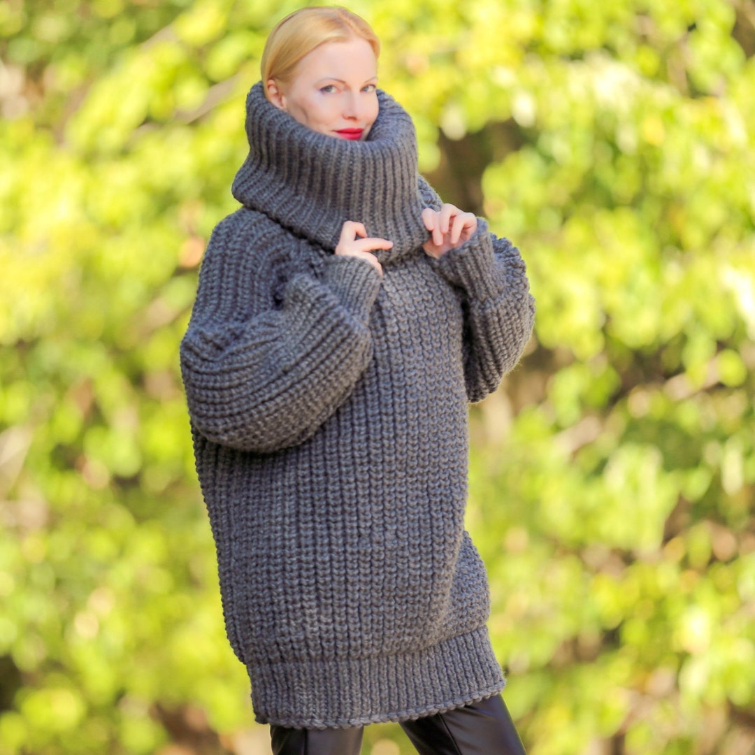 Supertanya Gray Ribbed Wool Sweater With Extra Long Turtleneck Ready to ...