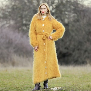 Yellow Long Mohair Cardigan Fuzzy Hand Knitted Coat - Ready to Ship ...