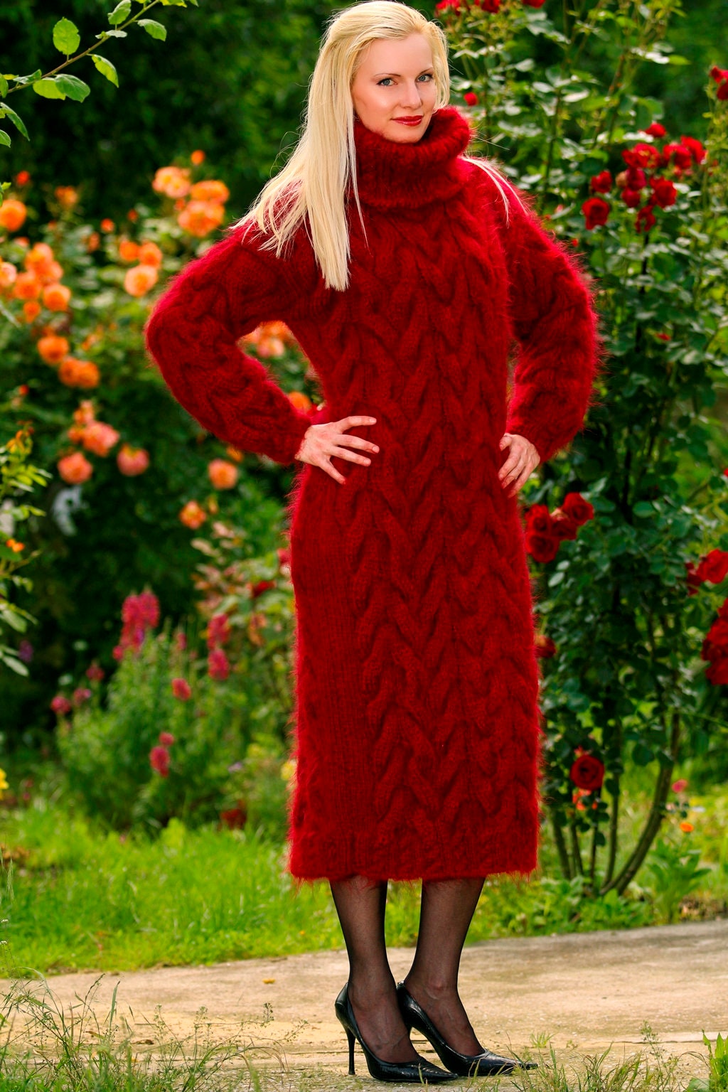 Red Long Cable Knit Dress Hand Knitted Fuzzy Long Gown Handmade Long ...