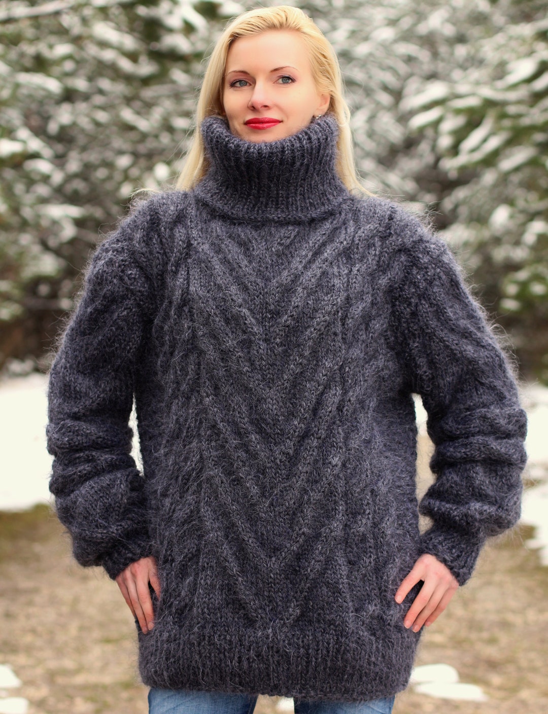 Bespoke Mohair Sweater With Cable Knit Pattern, Handmade Thick Mohair ...