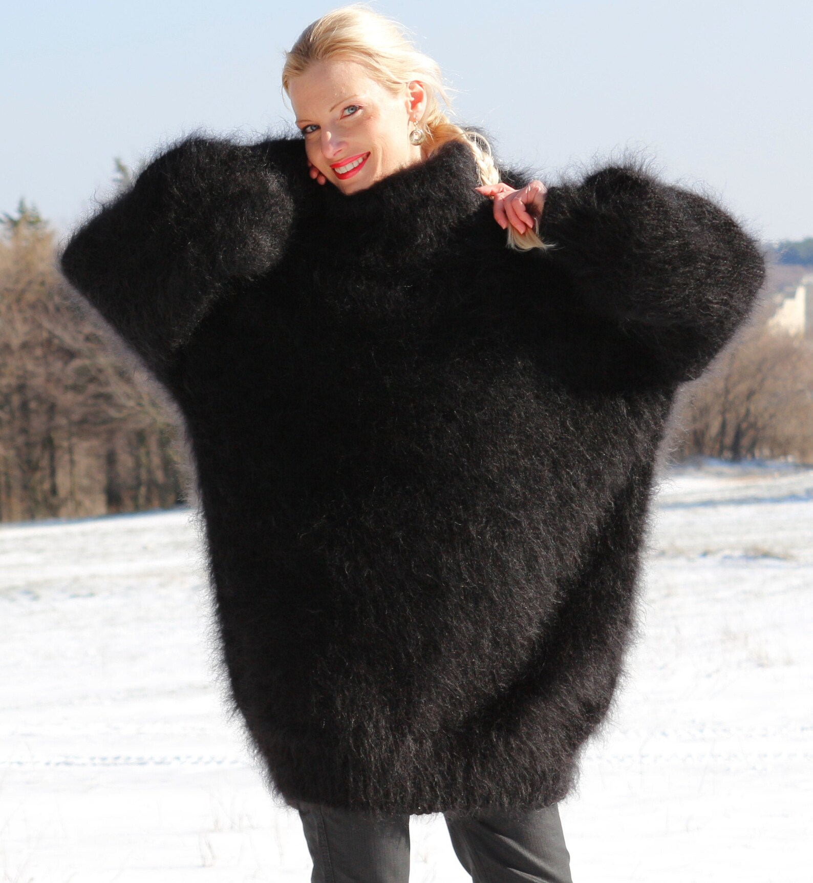 Dicker Fuzzy Long Mohair Sweater Handgestrickter Rollkragenpullover von ...
