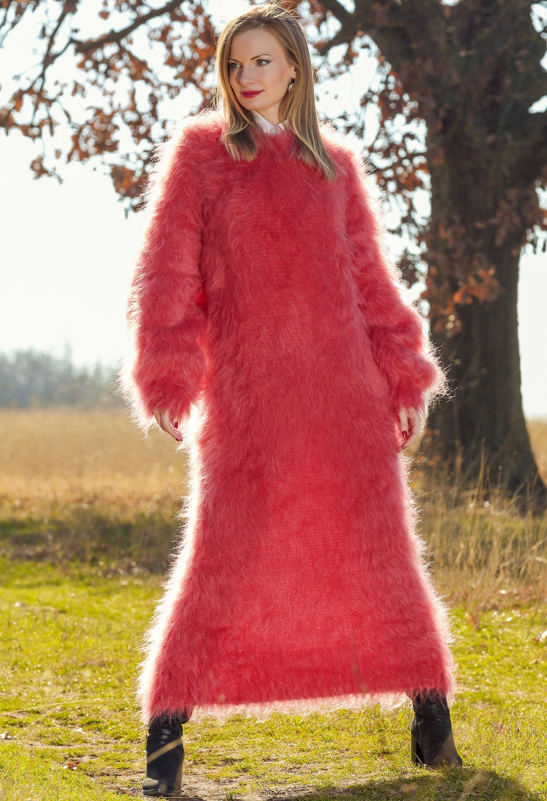 Supertanya Pastel Red Coral Mohair Dress Long Slouchy Sweater Tunic ...