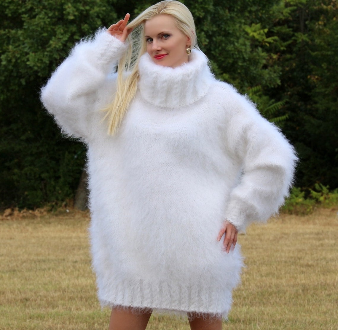 Dicker Fuzzy Long Mohair Sweater Handgestrickter Rollkragenpullover von ...