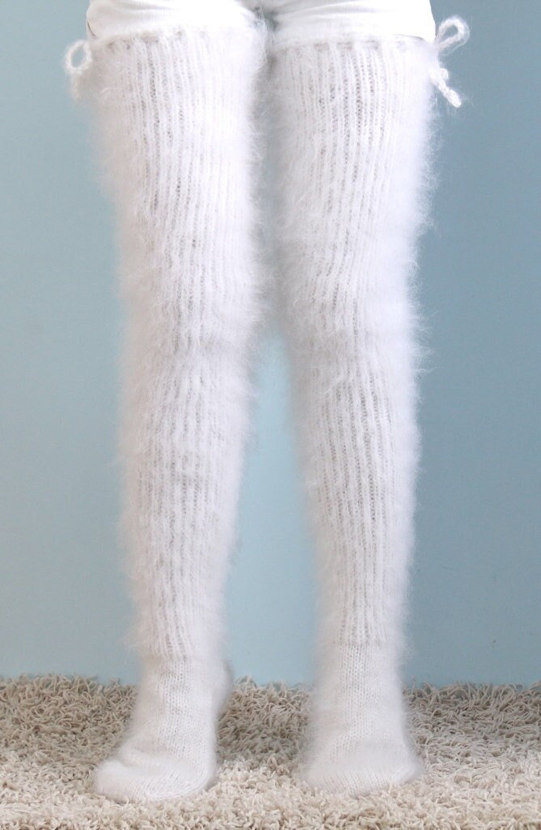 White Fuzzy Mohair Stockings Long Mohair Socks Thick Handmade Fluffy ...
