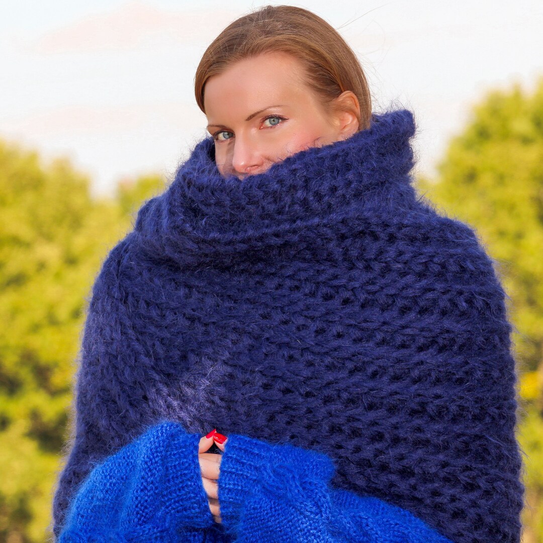 Blue Extra Long Fuzzy Mohair Scarf Handmade Fuzzy Shawl READY TO SHIP ...
