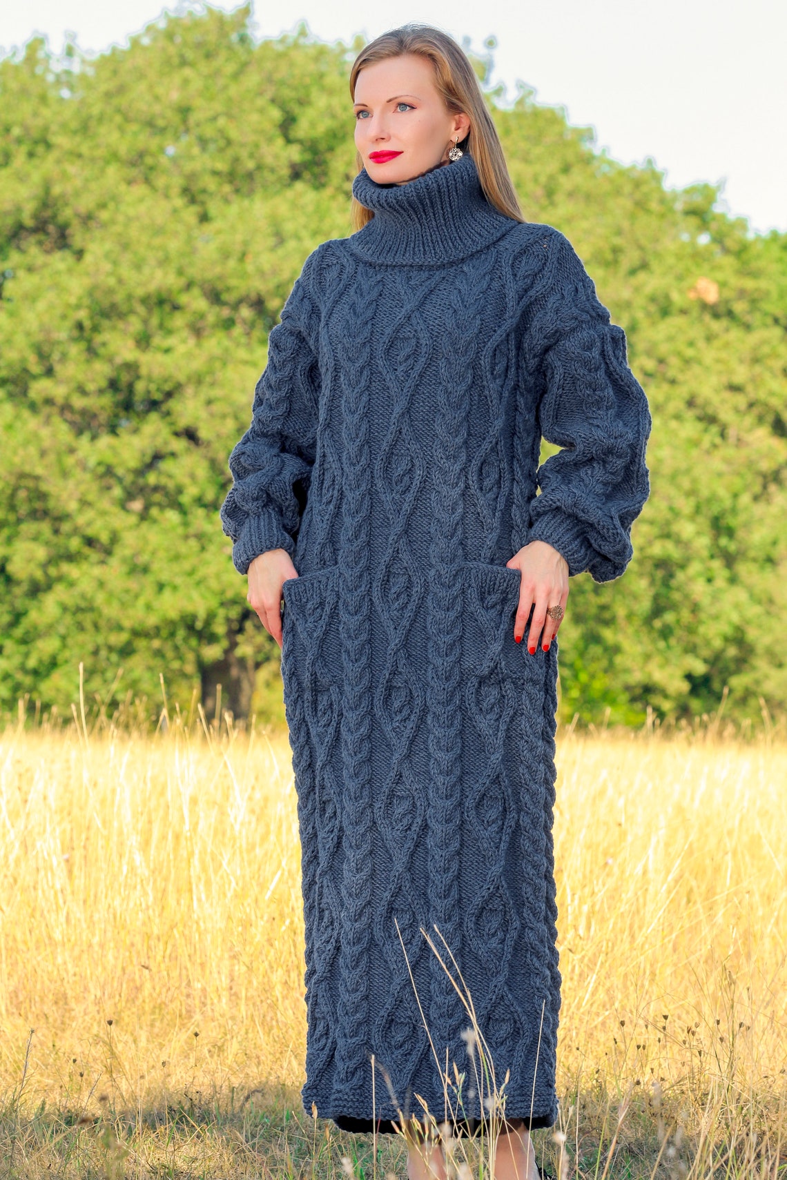 Luxurious Cable Knit Wool Dress Hand Knitted Long Turtleneck Sweater ...