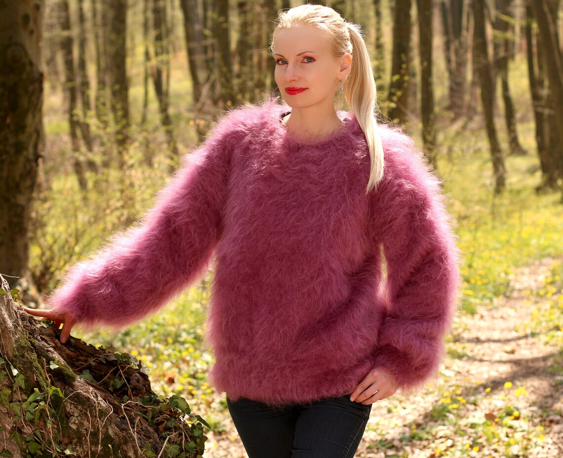 Fuzzy Crewneck Mohair Sweater Hand Knitted Fluffy Pullover Warm Jumper ...
