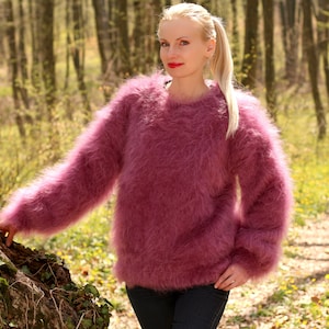 Fuzzy Crewneck Mohair Sweater Hand Knitted Fluffy Pullover Warm Jumper ...