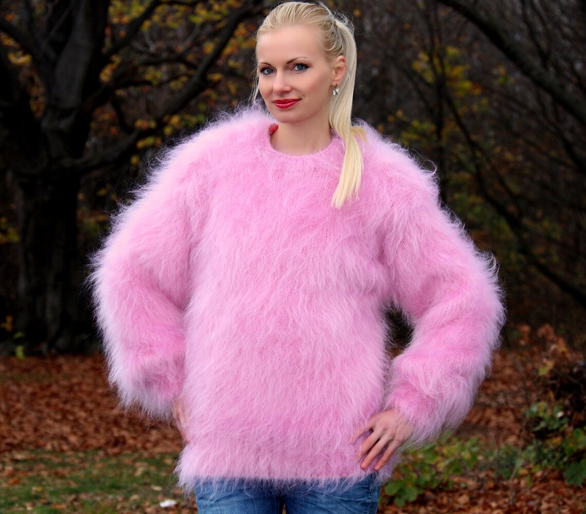Fuzzy Crewneck Mohair Sweater Hand Knitted Fluffy Pullover Warm Jumper ...