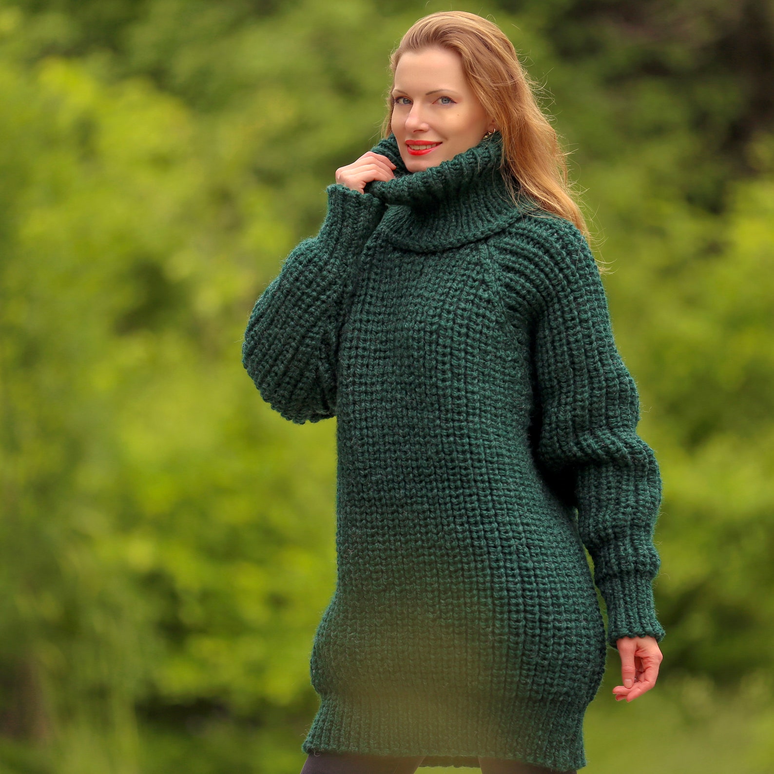 Thick Green Wool Sweater Hand Knit Jumper Ribbed Soft - Etsy