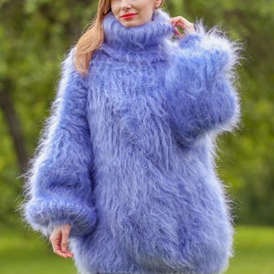 Blue Mohair Sweater Fuzzy Pullover With Extra Long Sleeves Brushed ...