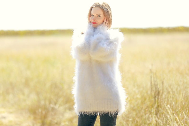 White Mohair Sweater Thick V Neck Fuzzy Mohair Pullover, Ready to Wear ...