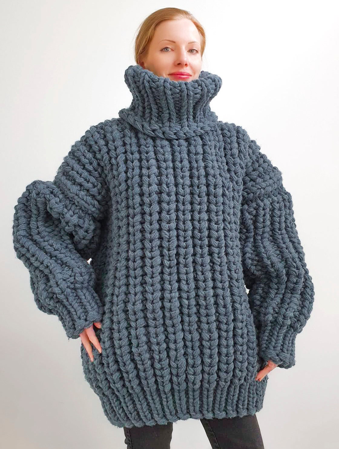 Thick natural wool sweater organic wool pullover denim blue | Etsy