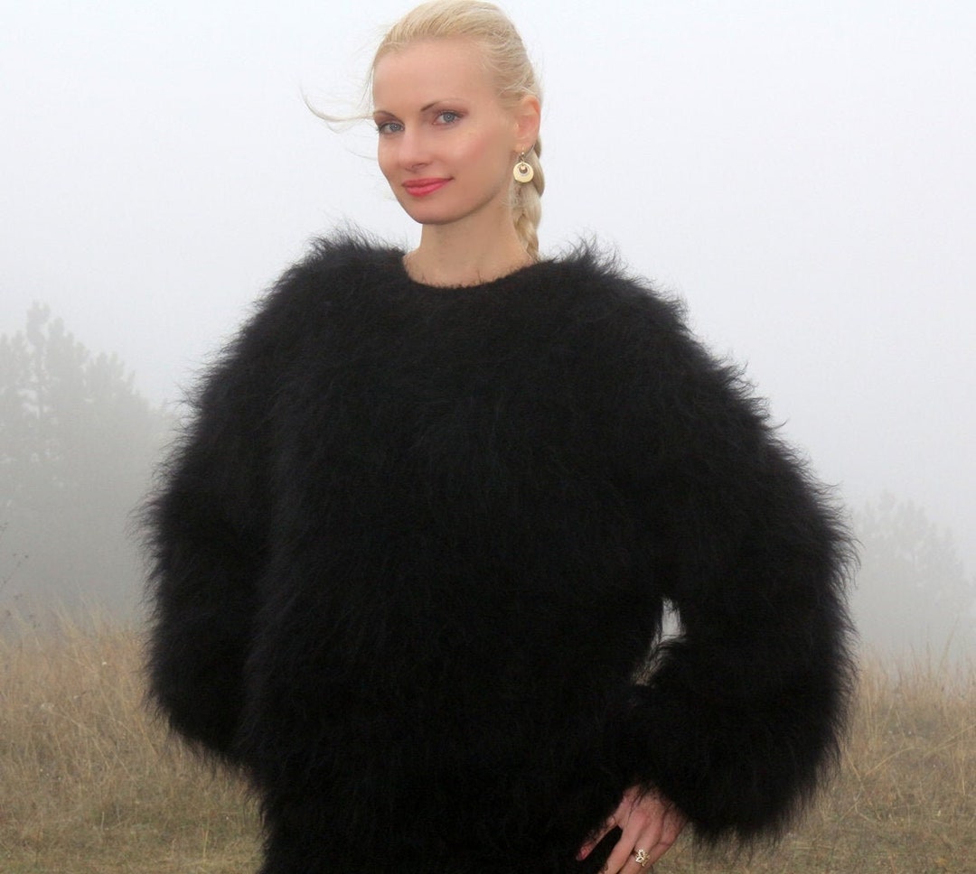 Fuzzy Crewneck Mohair Sweater Hand Knitted Fluffy Pullover Warm Jumper ...