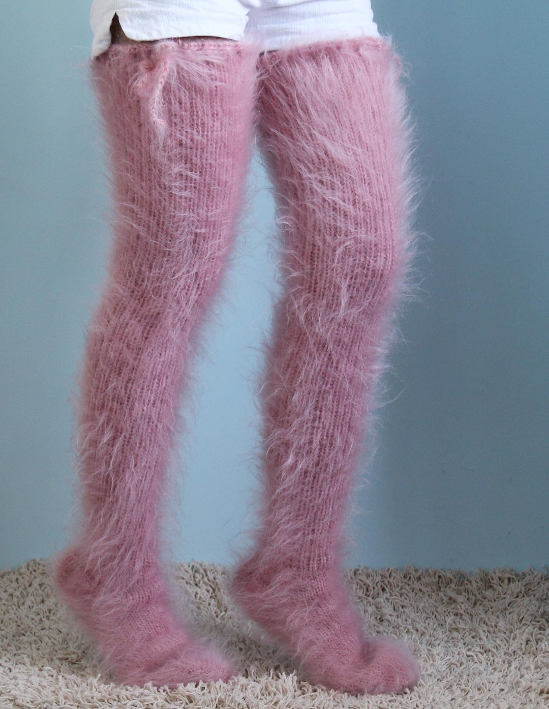 Pink Fuzzy Mohair Stockings Long Mohair Socks Thick Handmade Fluffy Leg ...