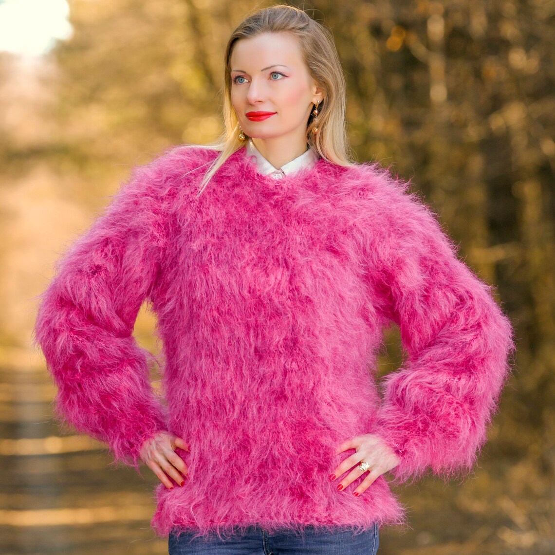 Fuzzy Crewneck Mohair Sweater Hand Knitted Fluffy Pullover Warm Jumper ...