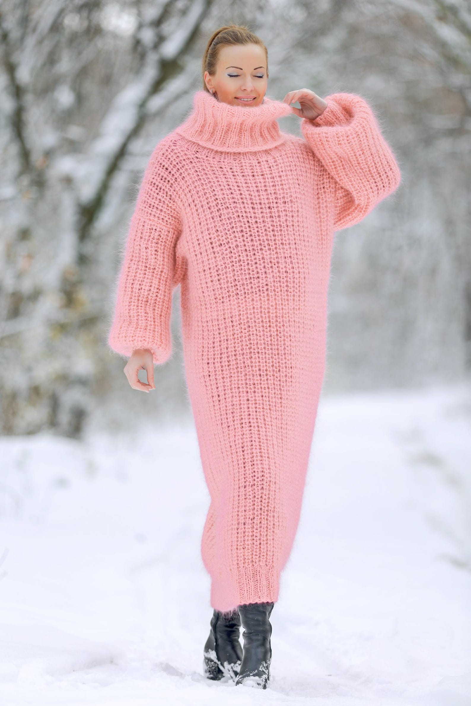 Pink Mohair Dress Fuzzy Long Slouchy Turtleneck Mohair Dress Supertanya ...