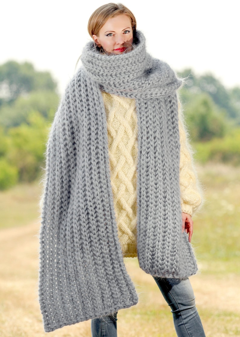 Extra Long Gray Scarf Fuzzy Mohair Shawl Handmade Fuzzy Wrap ...