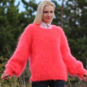 Fuzzy Crewneck Mohair Sweater Hand Knitted Fluffy Pullover Warm Jumper ...