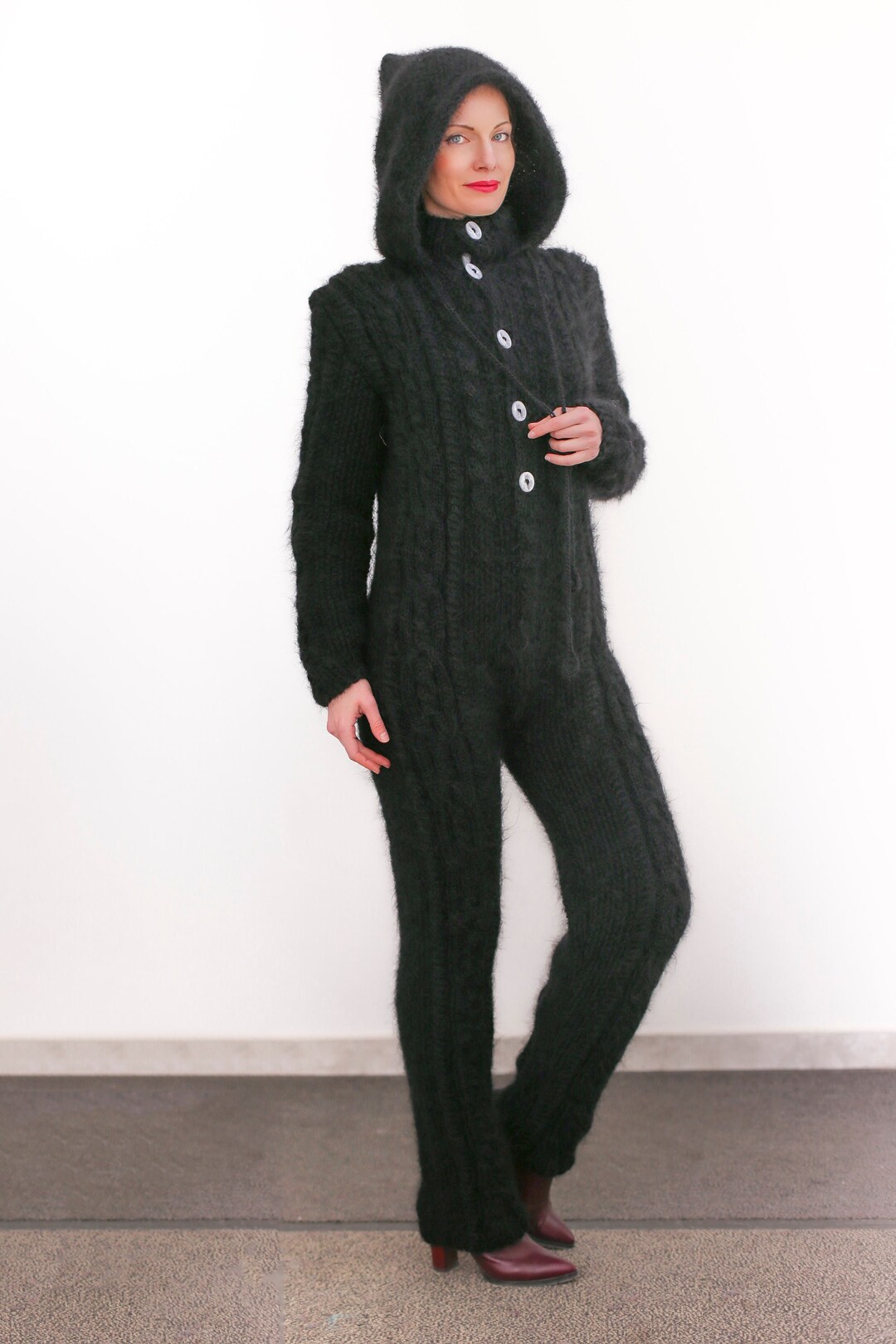 Supertanya Mohair Catsuit With Hood Black Fuzzy Wool Bodysuit, Ready to ...