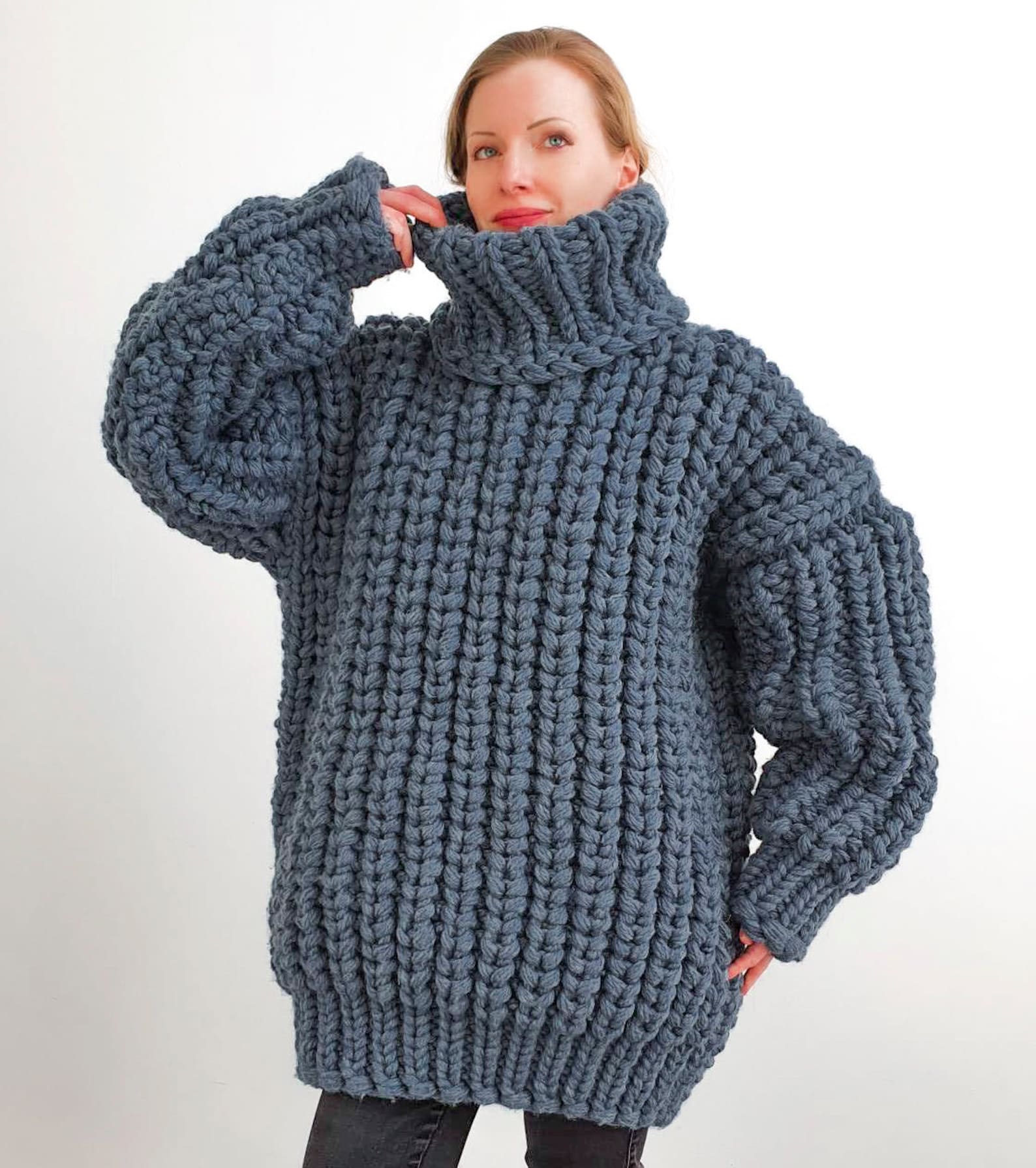 Thick Natural Wool Sweater Organic Wool Pullover Denim Blue - Etsy UK