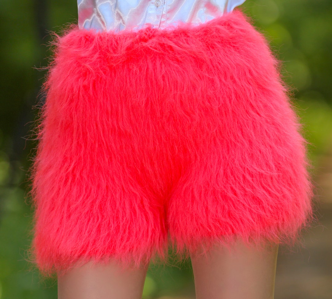 Fuzzy Neon Red Coral Mohair Shorts Fluffy Short Pants by Supertanya ...