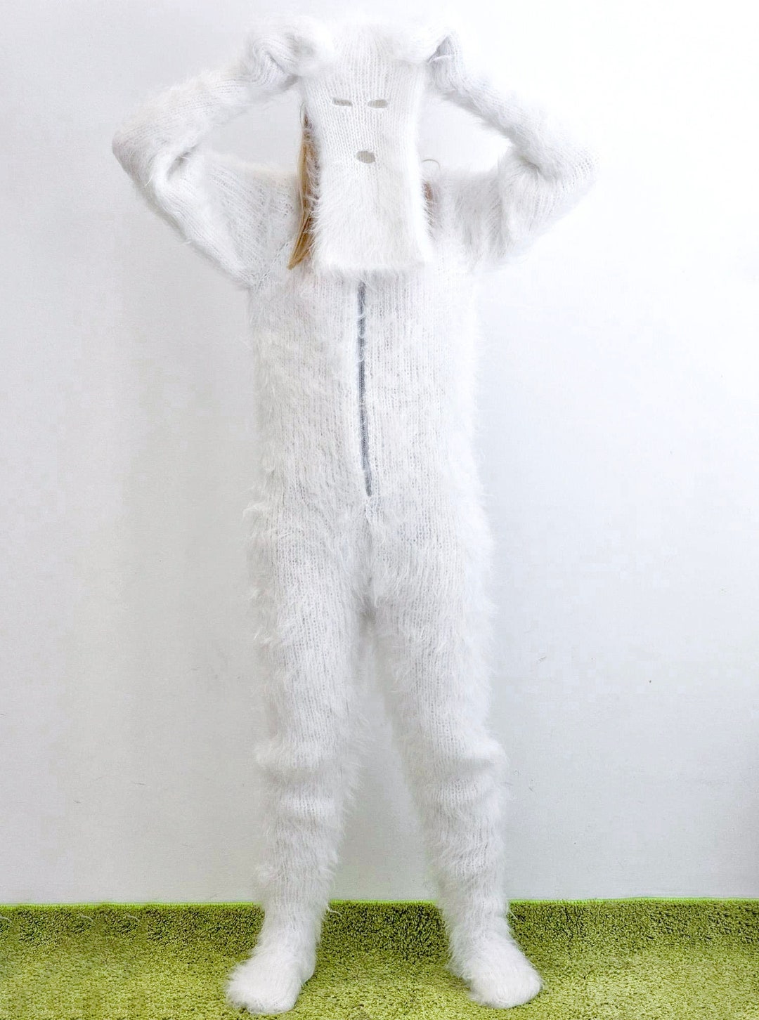 White Mohair Catsuit With Socks Mittens Separate Balaclava Fluffy ...