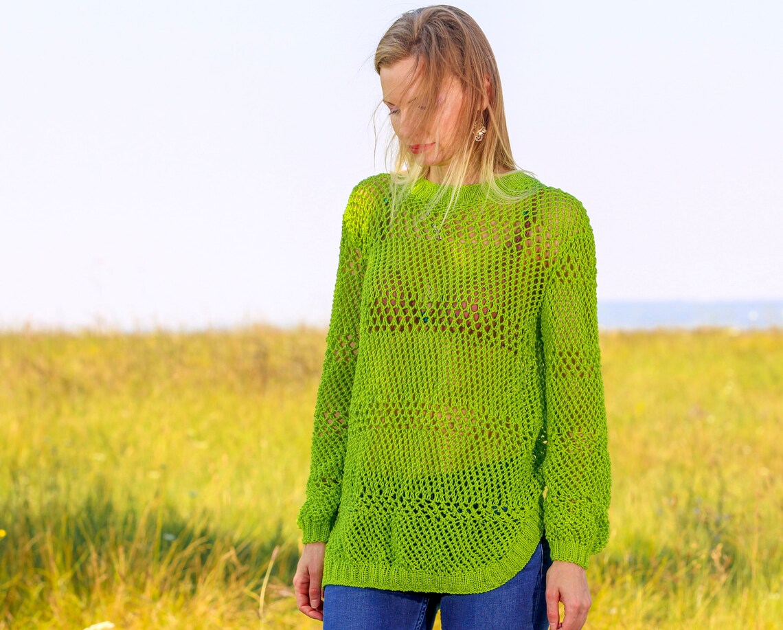 Beach Sweater Net Mesh Jumper Hand Knit Synthetic Silk Top by ...