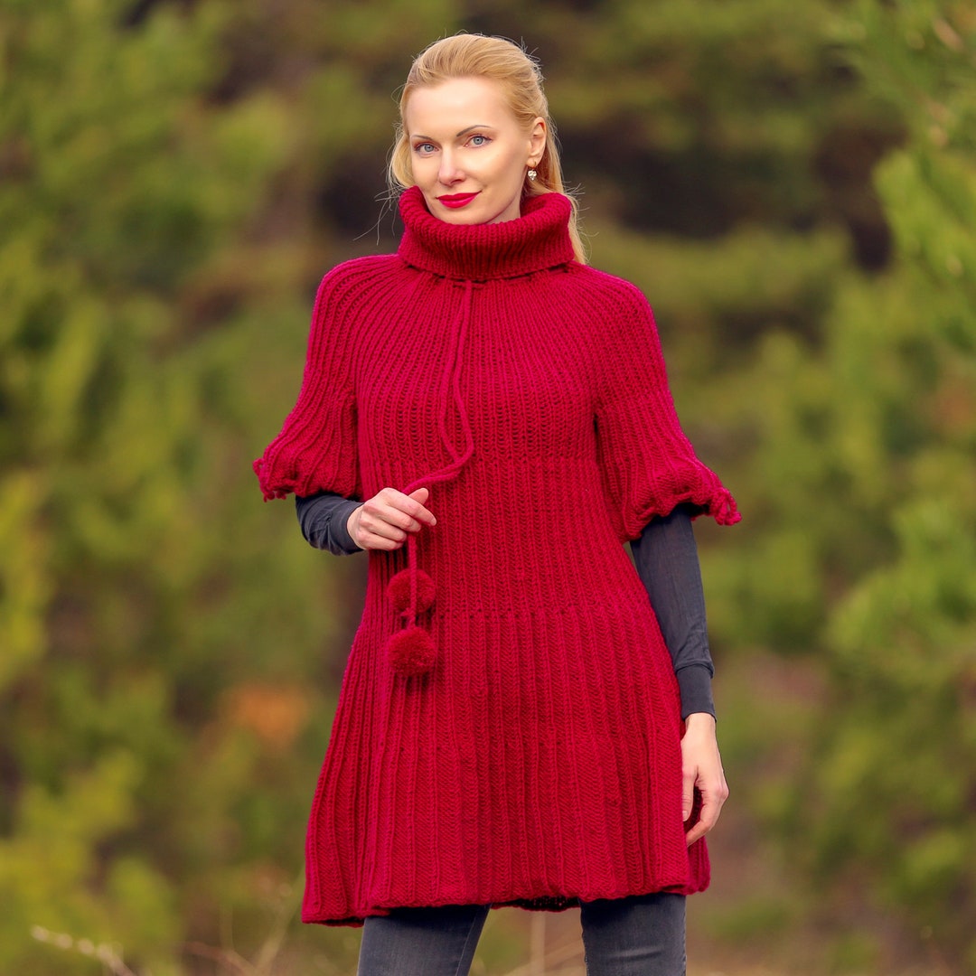 Red Wool Poncho Sweater Tunic Warm Knitwear by Supertanya READY TO SHIP ...