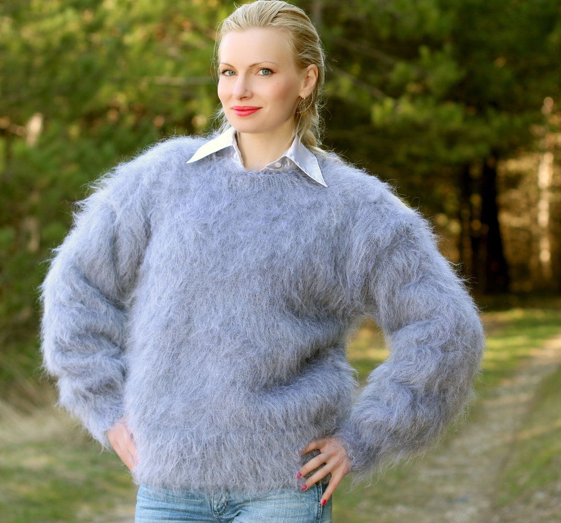 Fuzzy Crewneck Mohair Sweater Hand Knitted Fluffy Pullover | Etsy