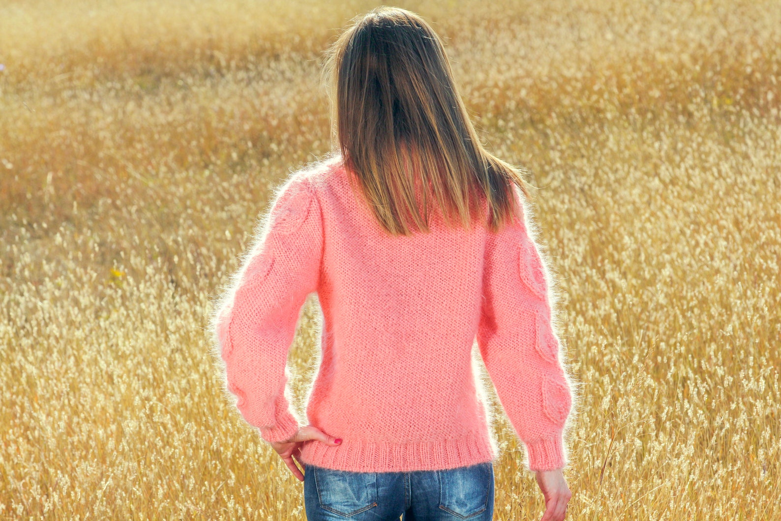 Designer pink mohair sweater with leaves knitted pattern | Etsy