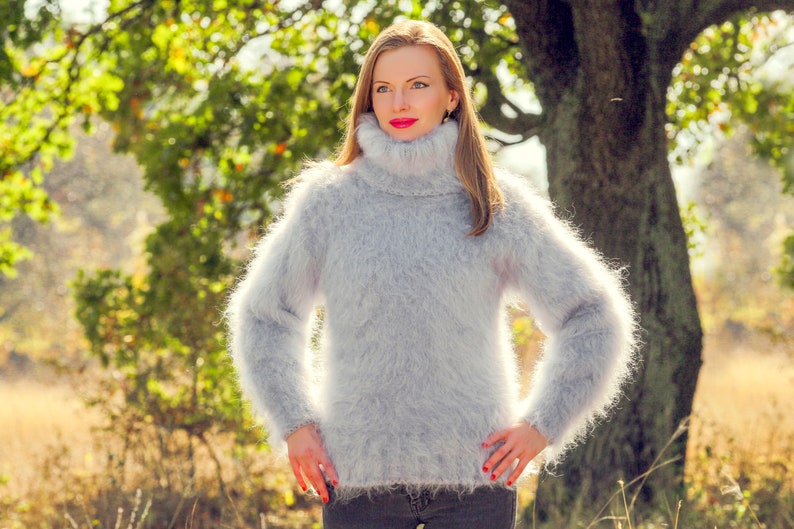 Turtleneck Soft Fuzzy Mohair Sweater Hand Knitted Thick Fluffy Pullover ...