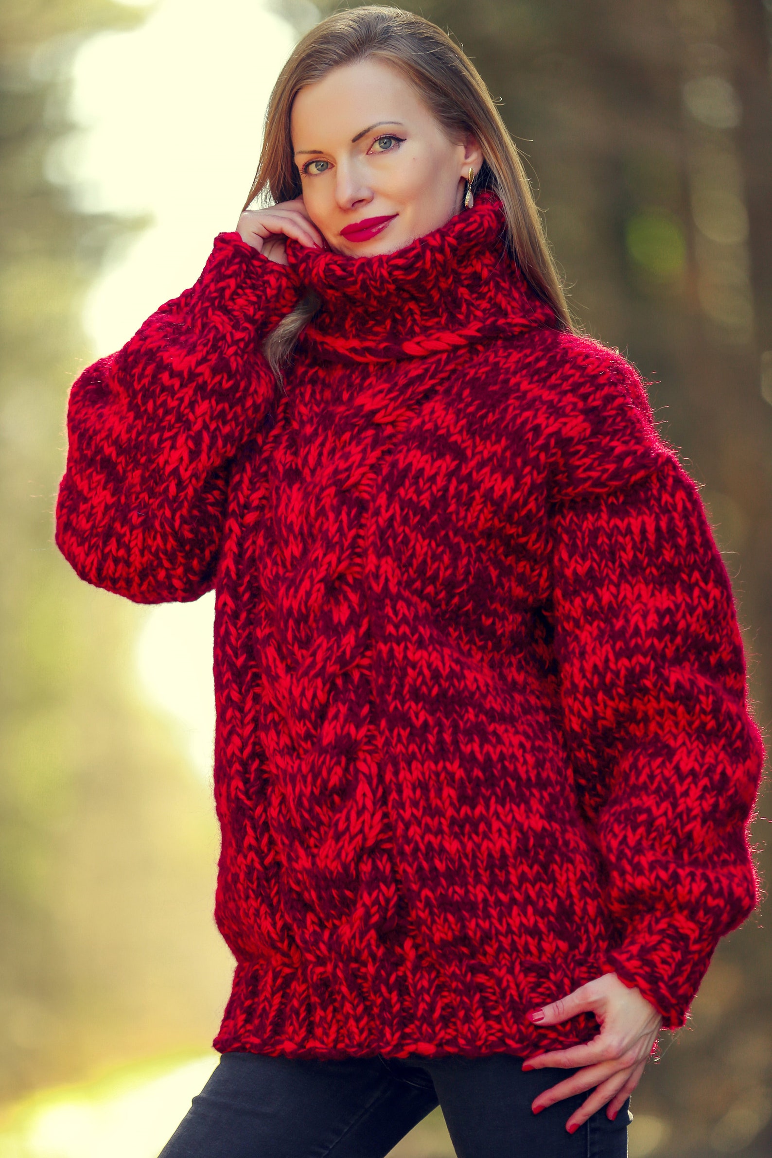 Thick Red Wool Sweater Hand Crafted Thick Turtleneck Pullover ...