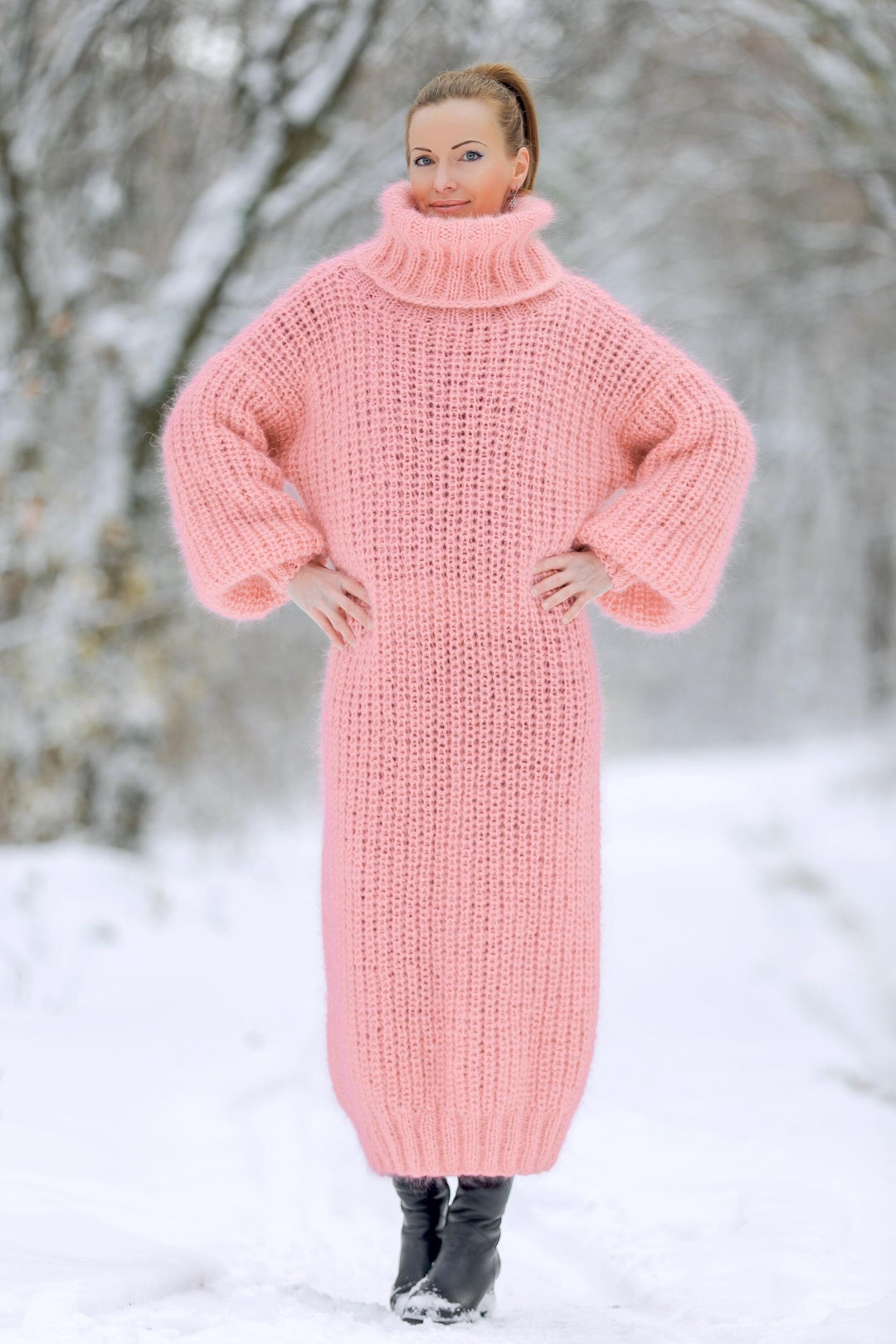 Pink Mohair Dress Fuzzy Long Slouchy Turtleneck Mohair Dress Supertanya ...